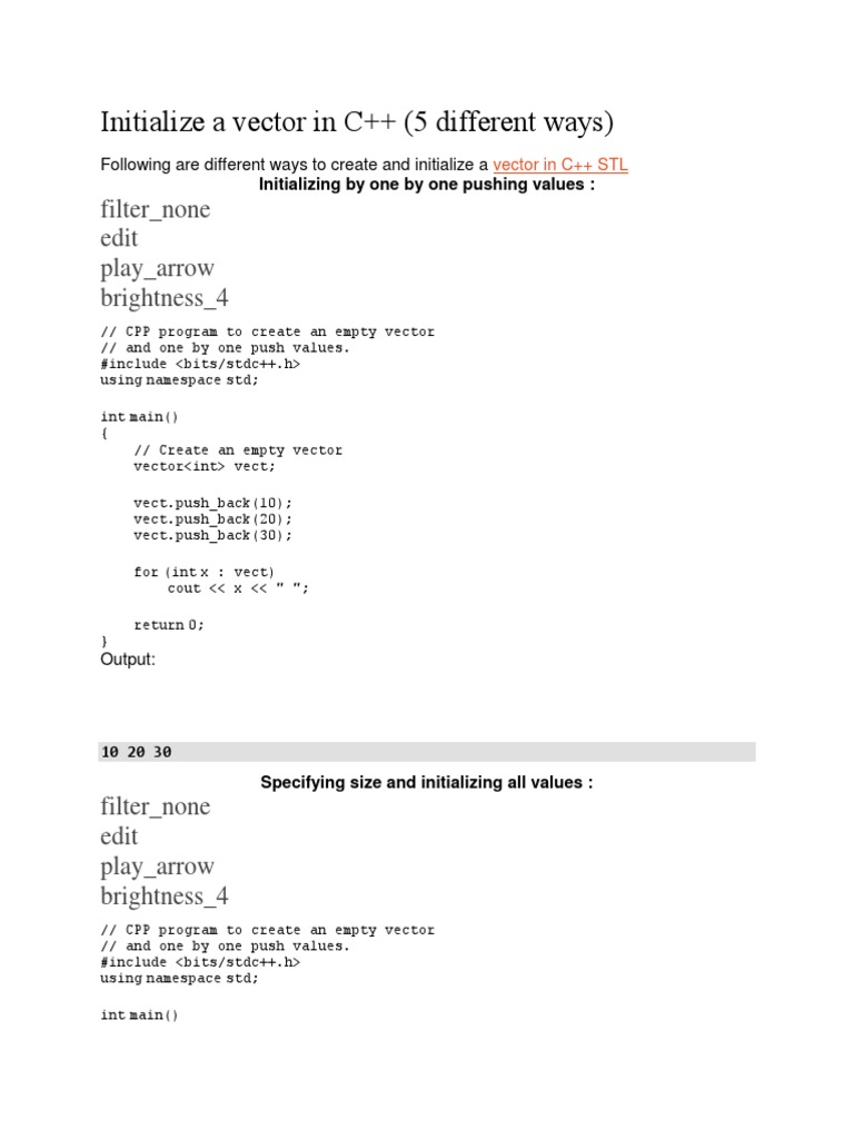 Initialize A Vector in C++ (5 Different Ways) : Filter - None Edit Play ...
