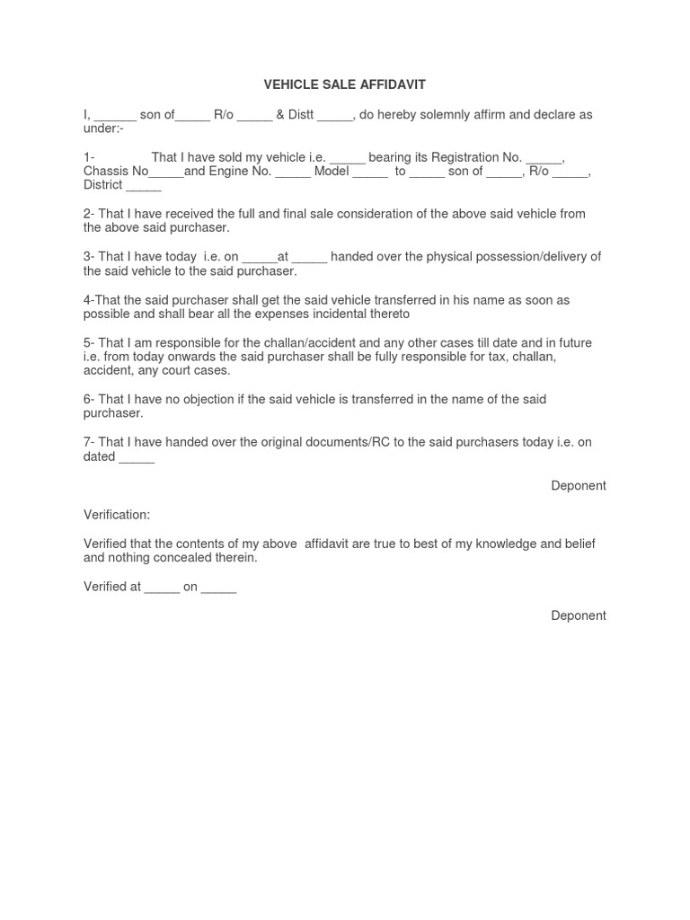 Vehicle Sale Affidavit Template | PDF