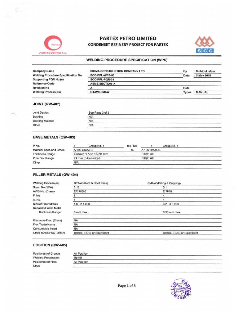 WPS For GTAW+SMAW A106 Gr. B | PDF