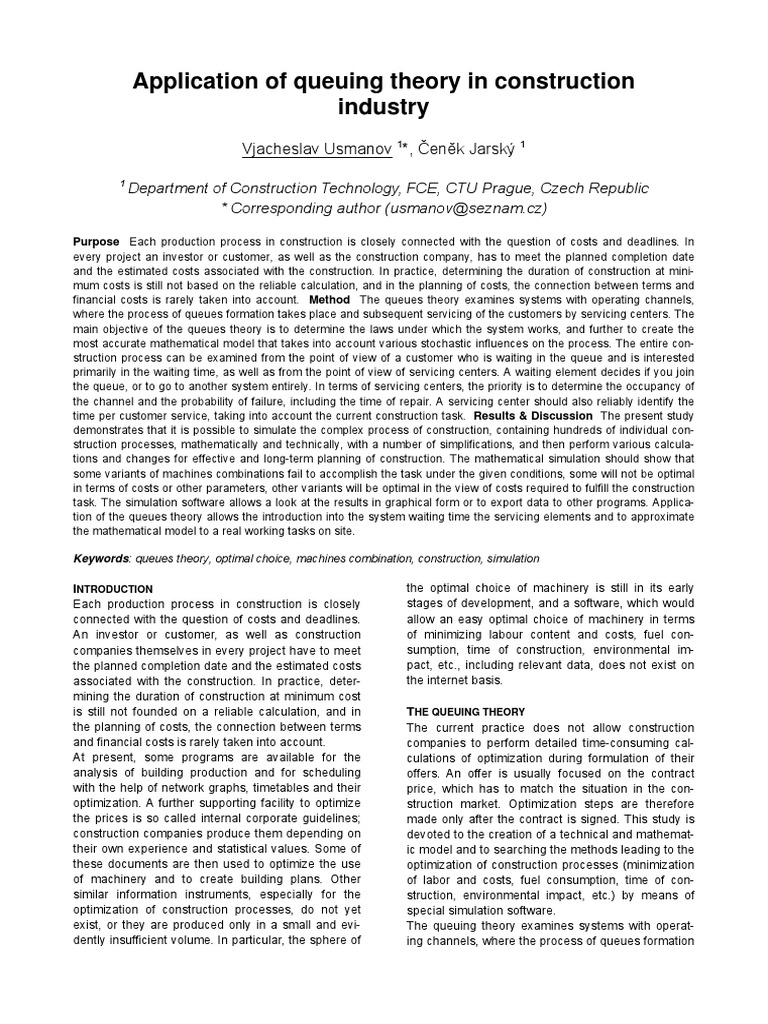 Application of Queuing Theory in Construction Industry | PDF | Stochastic Process | Mathematical ...