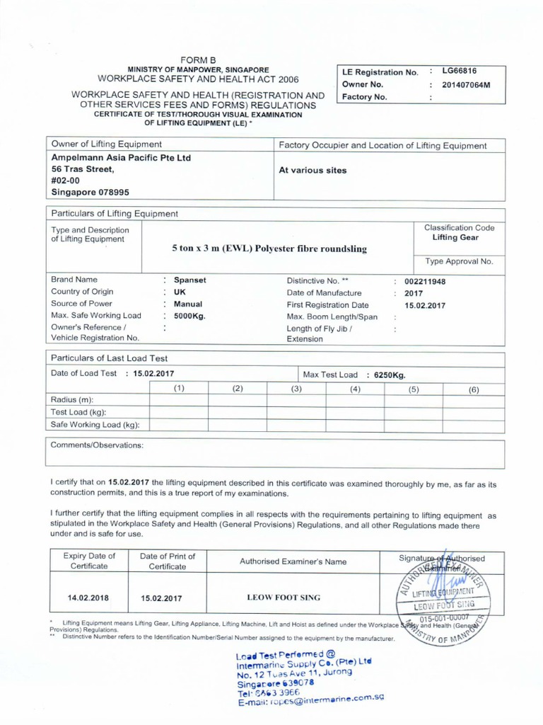 Lifting Gear Certification Example | PDF