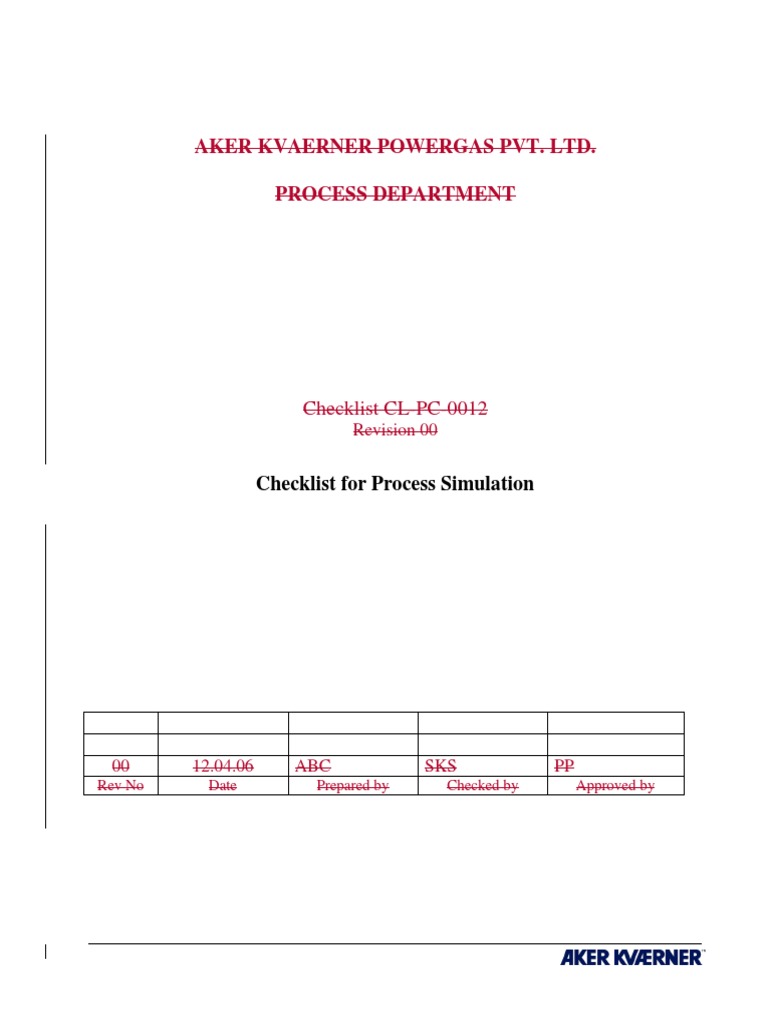 Aker Kvaerner Powergas Pvt. Ltd. Process Department: Checklist CL-PC ...