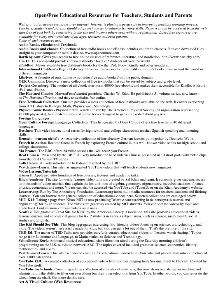 Free Educational Resources For Students | PDF | Nasa | Teachers