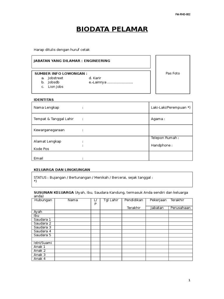 Form - Biodata Pelamar | PDF