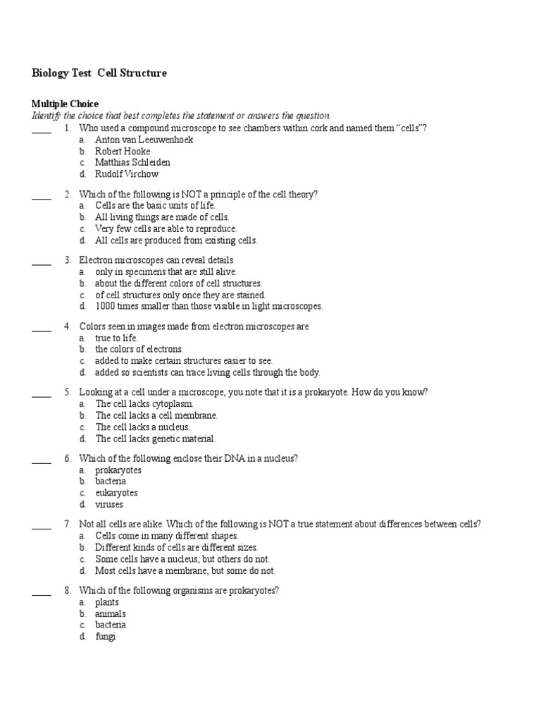 Biology Test Cell Structure | PDF | Cell Nucleus | Cell (Biology)