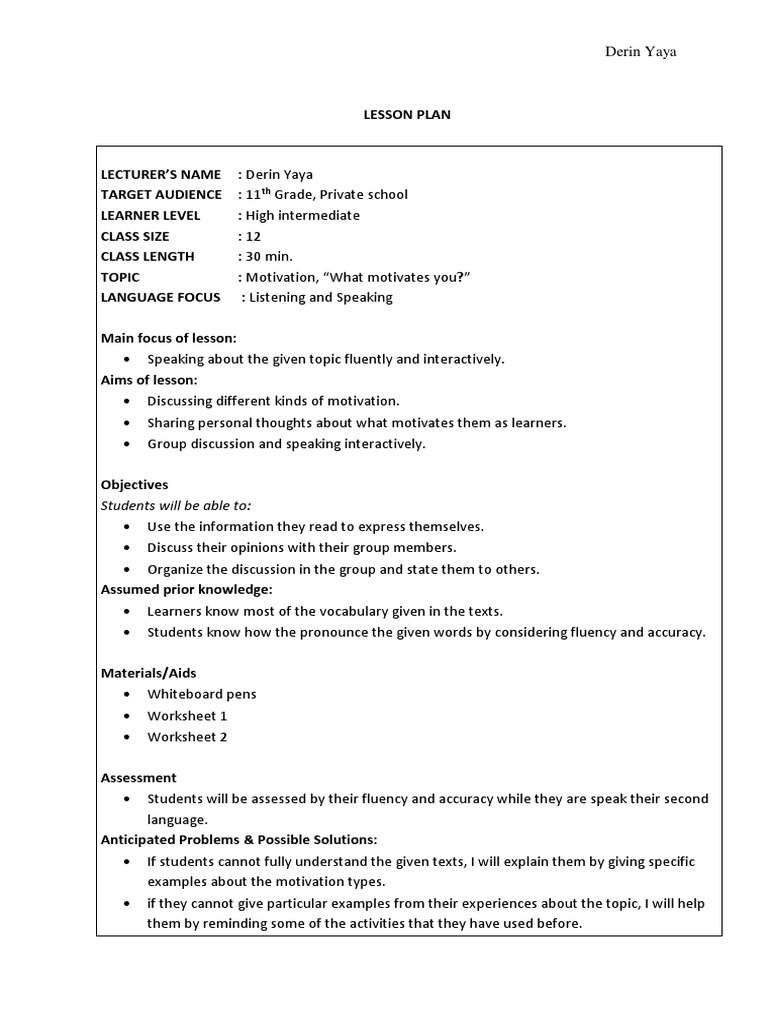 Motivation Lesson Plan | Download Free PDF | Fluency | Motivation