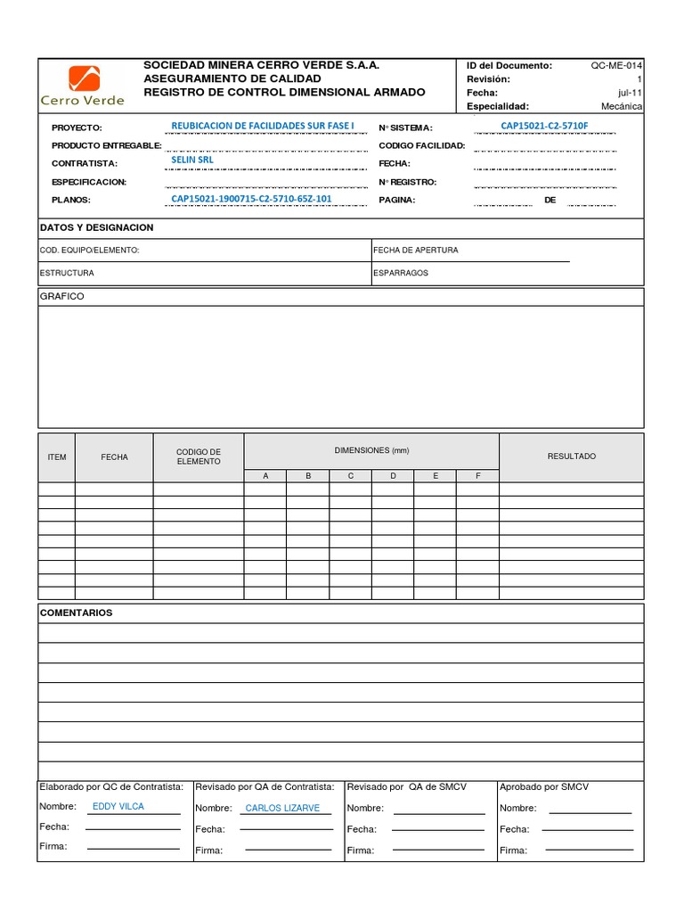 QC-ME-014 - Registro de Control Dimensional en Armado. - V1 | PDF