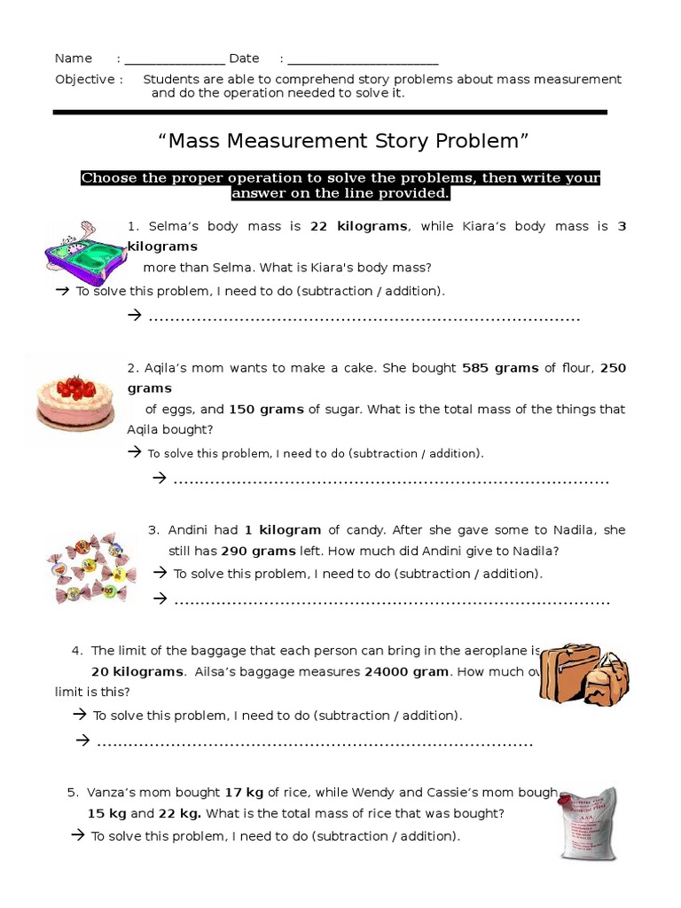 Mass Measurement Story Problem | PDF | Kilogram | Units Of Measurement