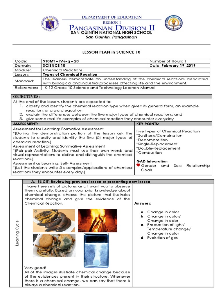 Types of Chemical Reactions Lesson Plan | PDF | Chemical Reactions ...