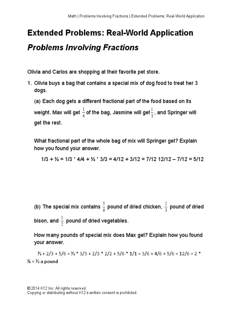 Problems Involving Fractions: Extended Problems: Real-World Application ...