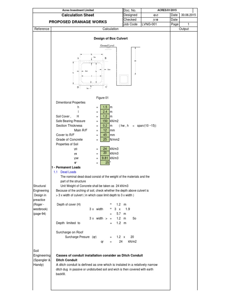 Box Culvert Design Calculation | PDF | Structural Load | Civil Engineering