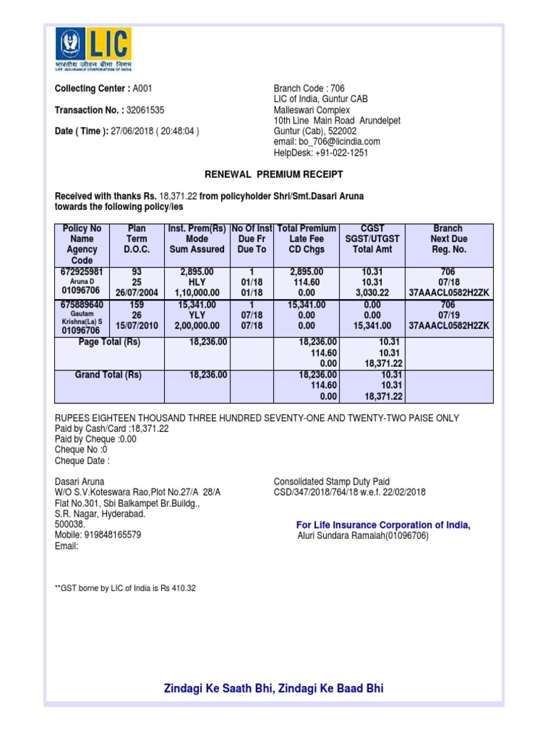 Renewal Premium Receipt Document Detailing Two Life Insurance Policies ...