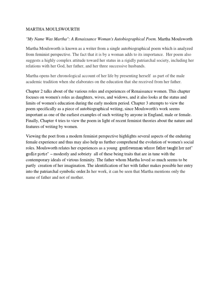 "My Name Was Martha": A Renaissance Woman's Autobiographical Poem ...