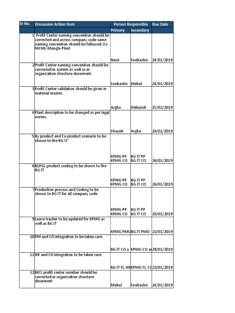 SR No. Discussion Action Item Person Responsible Due Date Primary ...