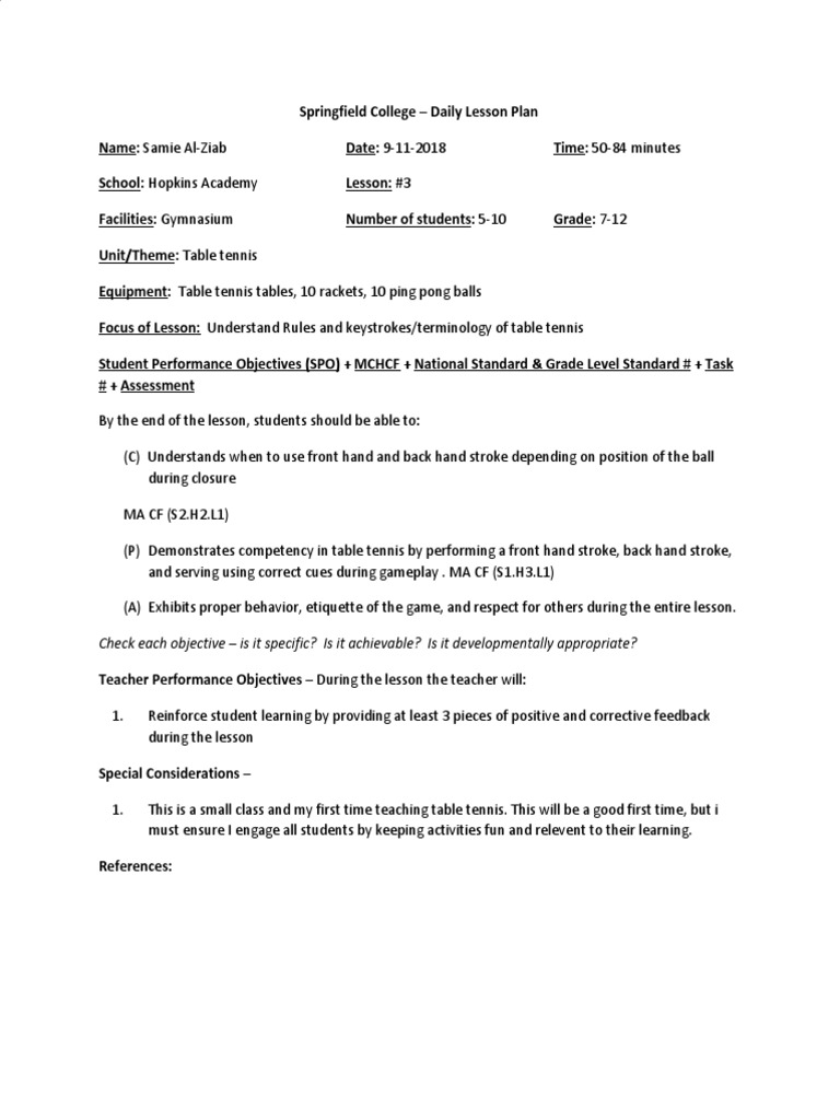 Table Tennis Lesson Plan for Grades 7-12 | PDF | Ball Games | Sports