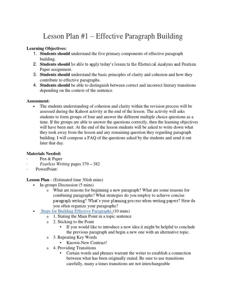 Lesson Plan #1 - Effective Paragraph Building: Learning Objectives ...