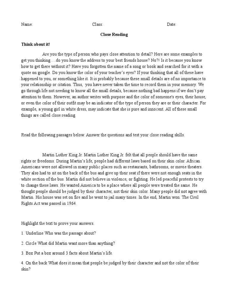 Close Reading Skills Practice Guide | PDF | Language Arts & Discipline ...