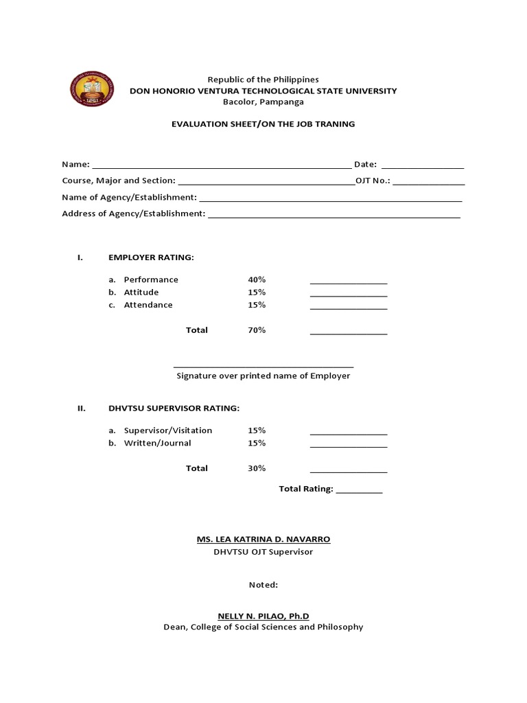 EVALUATION SHEET Ojt | PDF | Career & Growth