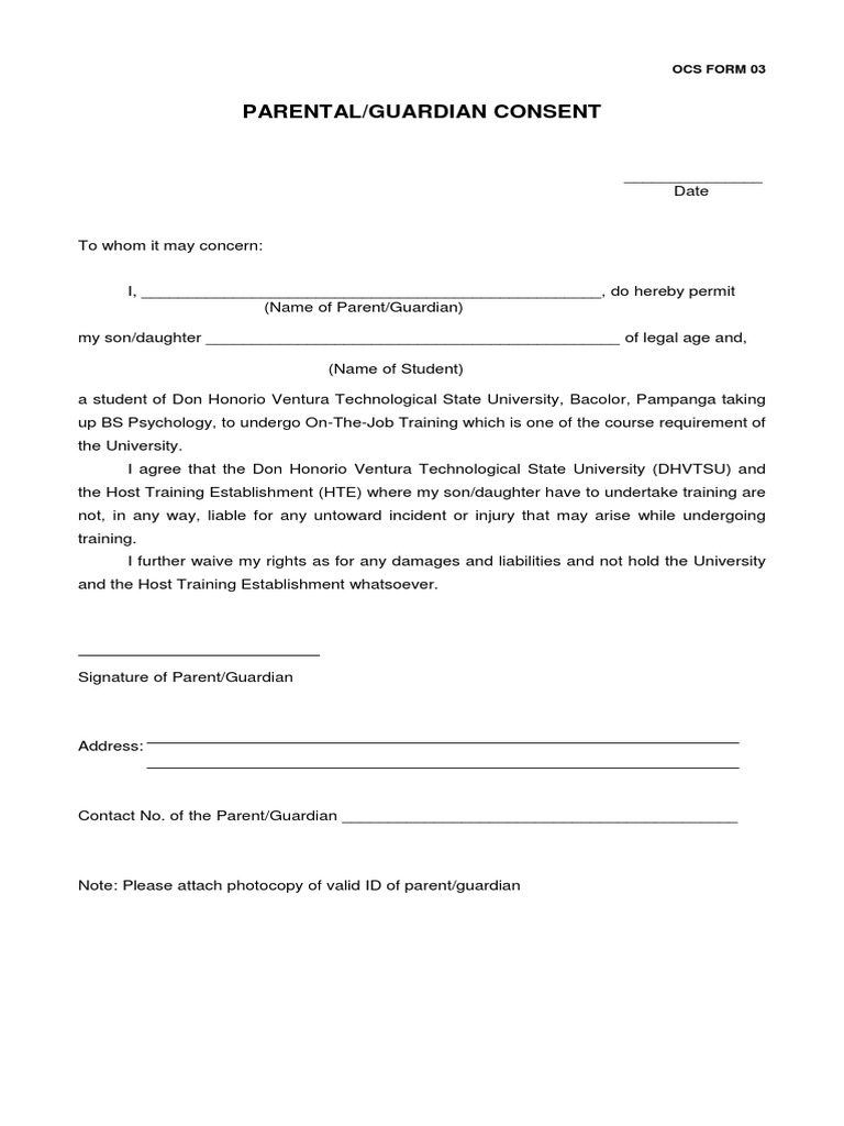 Parental/Guardian Consent: Ocs Form 03 | PDF | Government Information ...