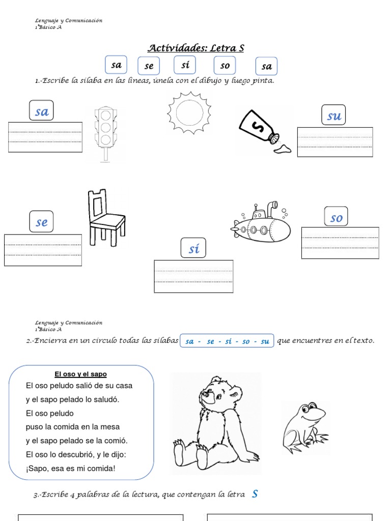 Actividades de la letra S para 1° Básico | PDF