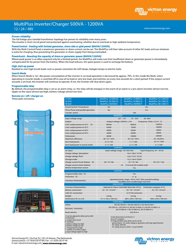 Victron MultiPlus 48 - 1200 - 13-16 - Datasheet - EN PDF | PDF | Power Inverter | Battery Charger