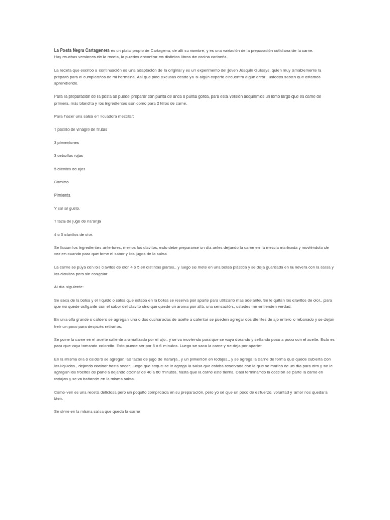 Receta de Posta Negra Cartagenera | PDF | Salsa | Carne