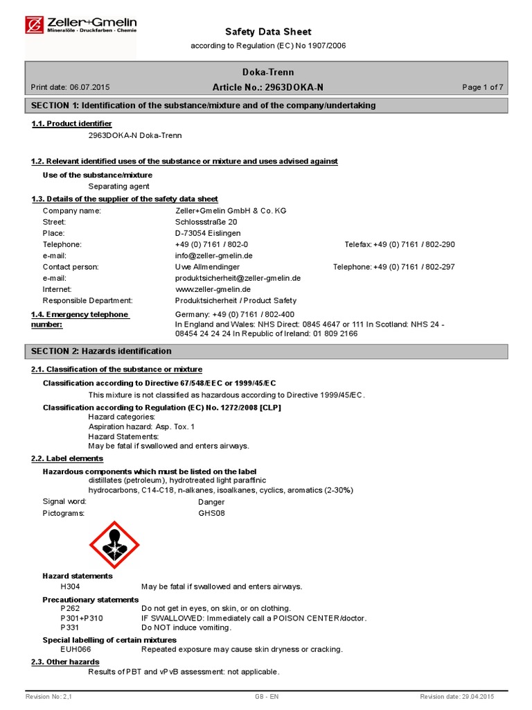 Doka-Trenn Safety Data Sheet | PDF | Toxicity | Dangerous Goods