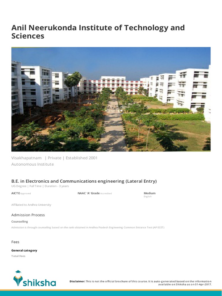 Anil Neerukonda Institute of Technology and Sciences | PDF | Academia ...
