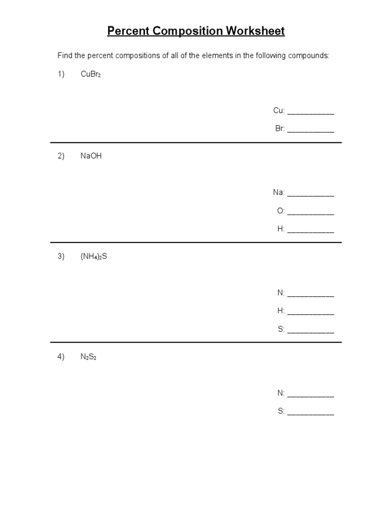 Percent Composition Worksheet | PDF | Molecules | Chemical Elements