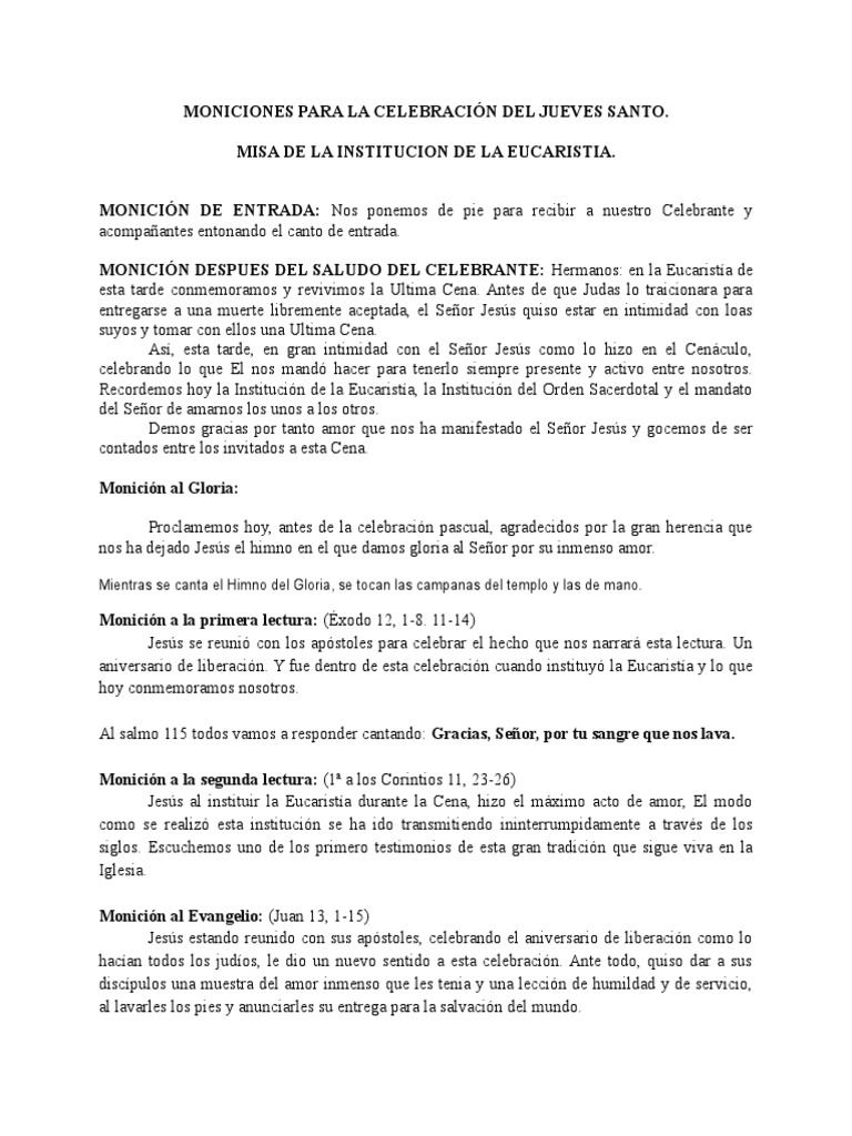 Moniciones para La Celebración Del Jueves Santo | PDF | eucaristía | Misa (liturgia)