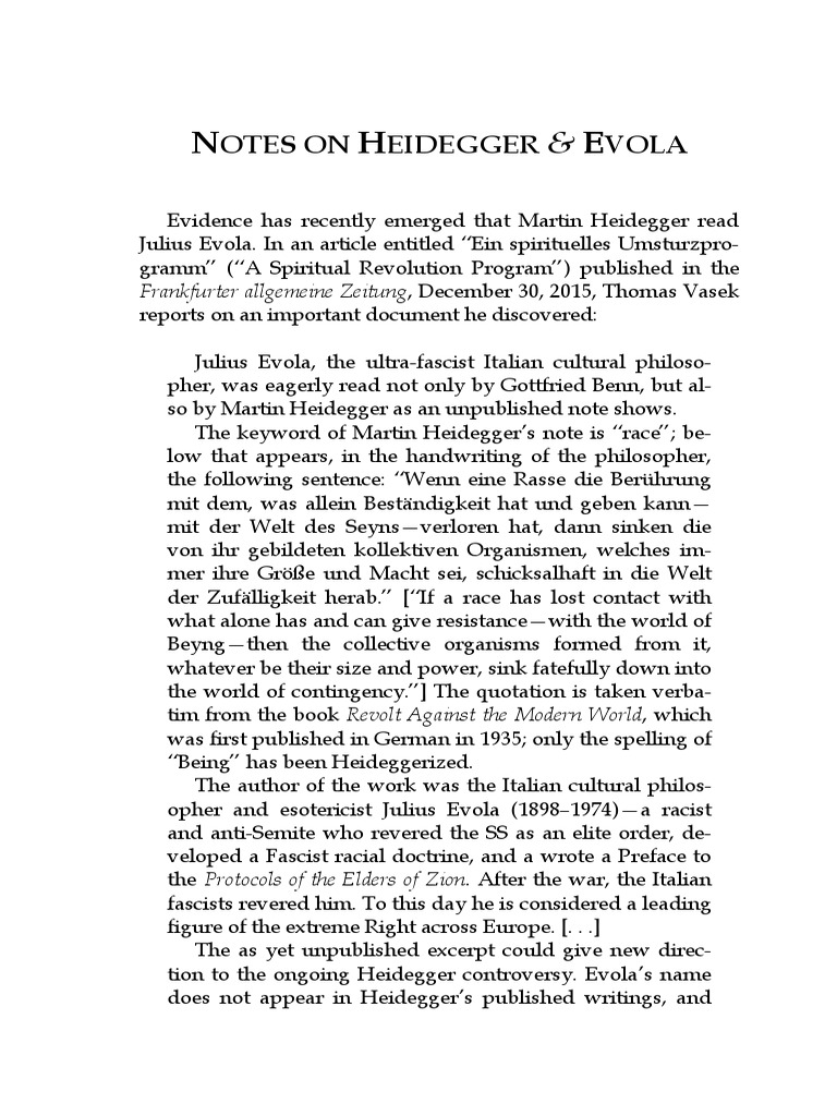 Heidegger's Note on Reading Evola Suggests Philosophical Influence ...