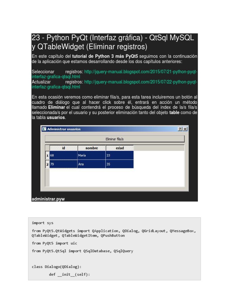 23 - Python PyQt (Interfaz Gráfica) - QTSQL MySQL y QTableWidget (Eliminar Registros) | PDF ...