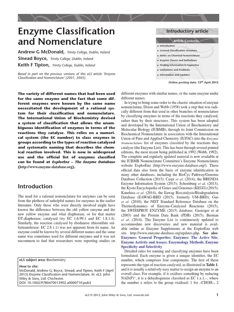 Enzyme Classification and Nomenclature: Introductory Article | PDF ...