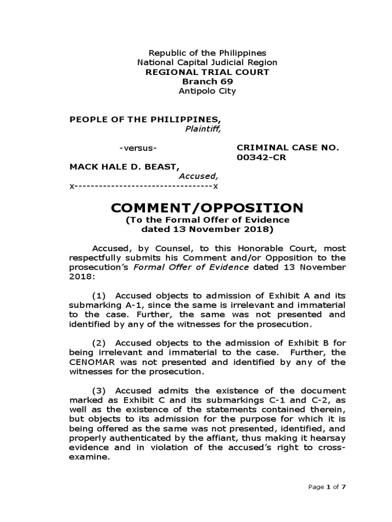 Comment and Opposition To The Formal Offer | PDF | Hearsay | Affidavit