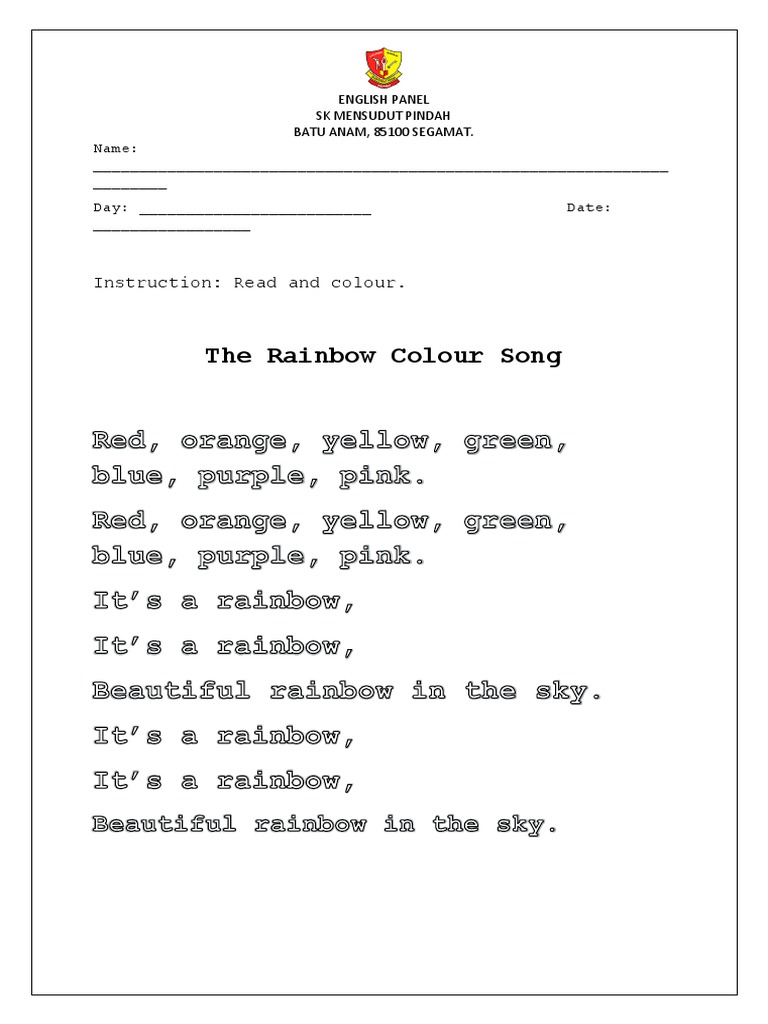 The Rainbow Colour Song: Instruction: Read and Colour | PDF