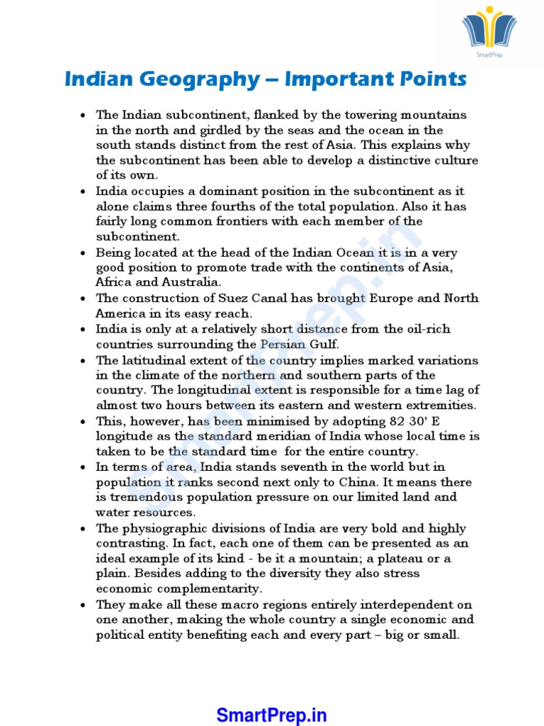 Indian Geography Important Points Short Summary Notes PDF | PDF | Human ...