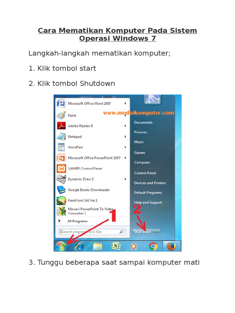 Cara Mematikan Komputer Pada Sistem Operasi Windows 7 | PDF | Komputer