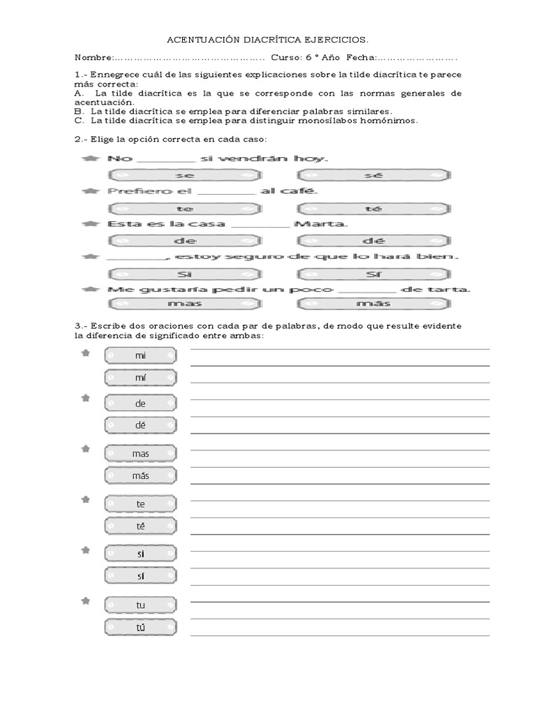 Acentuación Diacrítica Ejercicios | PDF