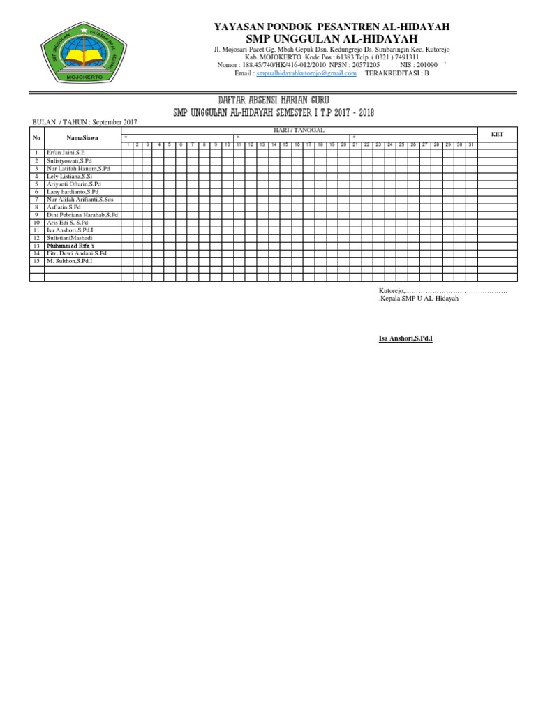 Absensi Guru SMP Al-Hidayah | PDF