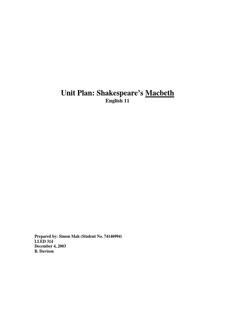 Shakespeare's Macbeth Unit Plan | PDF | Macbeth | Reading Comprehension