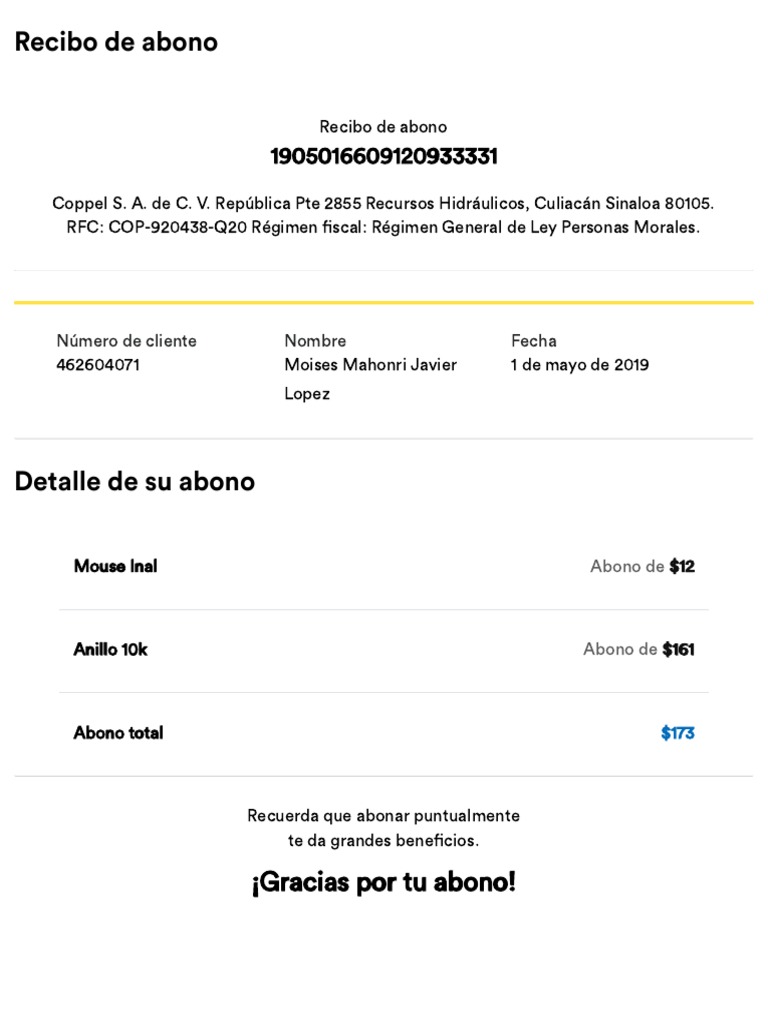 Recibo de Abono COPPEL 1 - 05 - 19 PDF | PDF