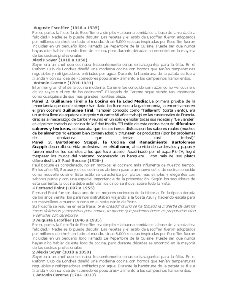 Los Primeros Chefs de La Historia | PDF | Gastronomía | Cocina francés