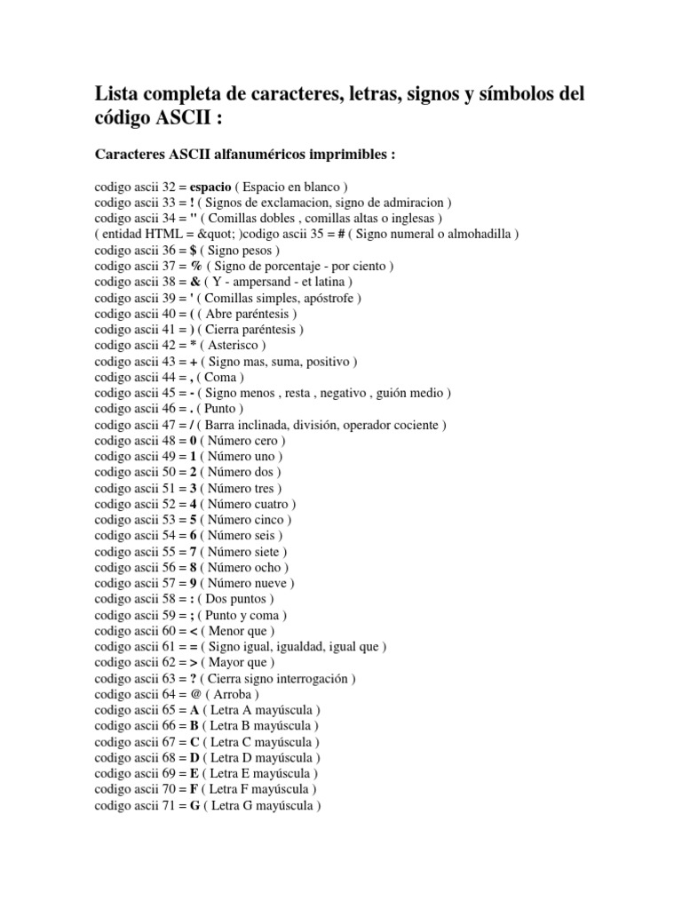 Lista Completa de Caracteres | PDF | Ascii | Escritura latina