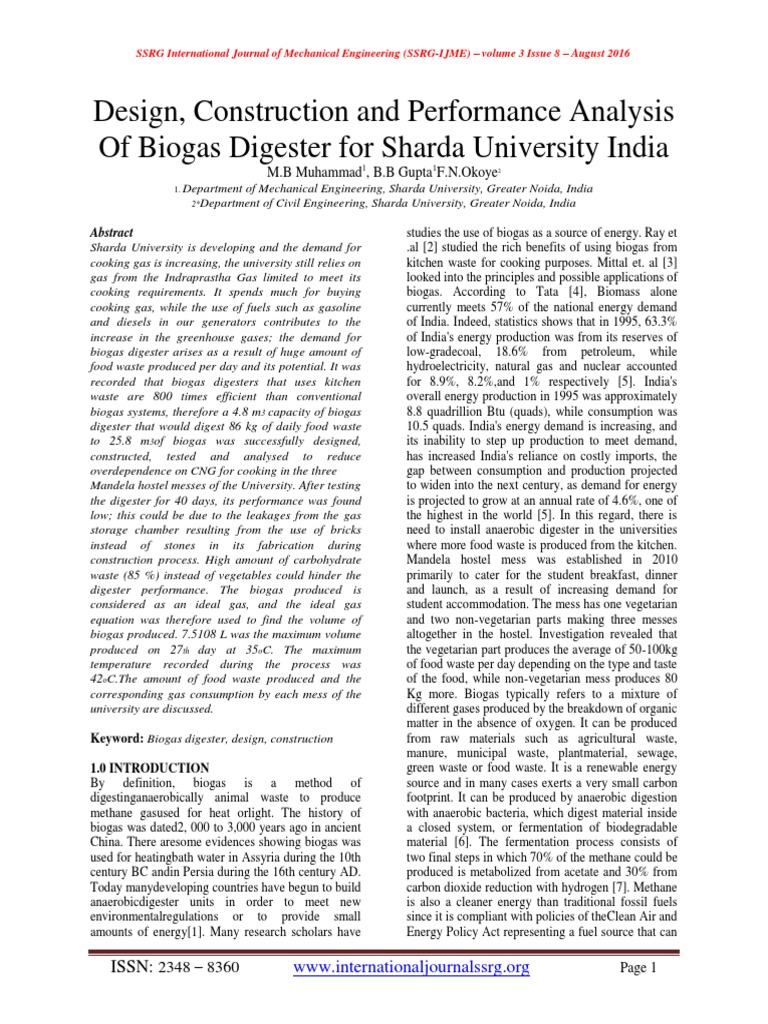 Design, Construction and Performance Analysis of Biogas Digester For ...