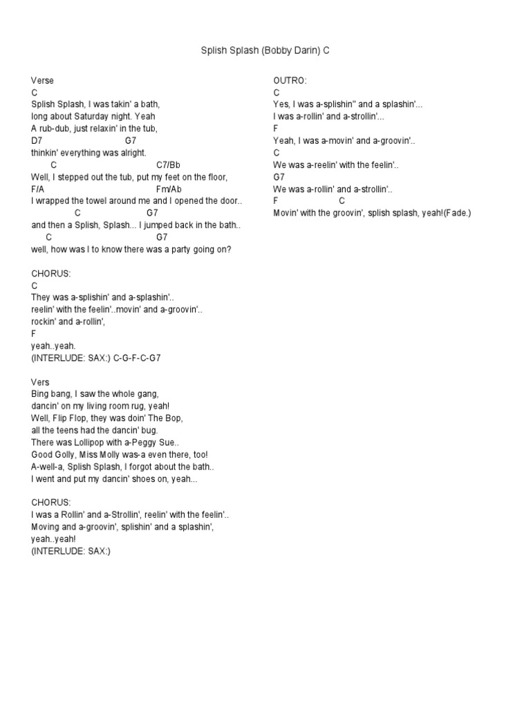 Bobby Darin Splish Splash Lyrics | PDF | Song Structure | Entertainment