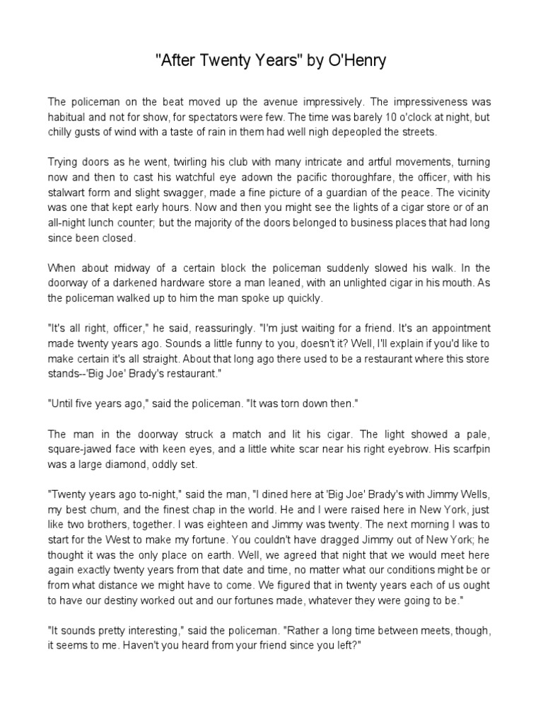 O. Henry's "After Twenty Years" Summary | PDF | Leisure