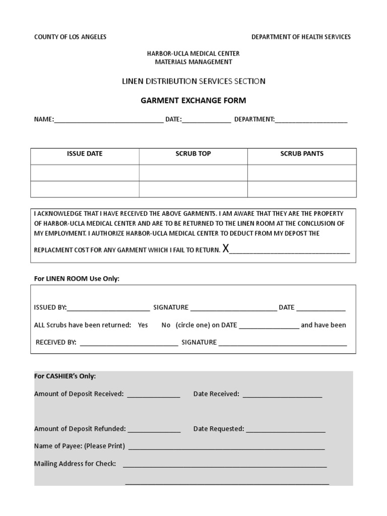 Linen Distribution Services Section: Garment Exchange Form | PDF