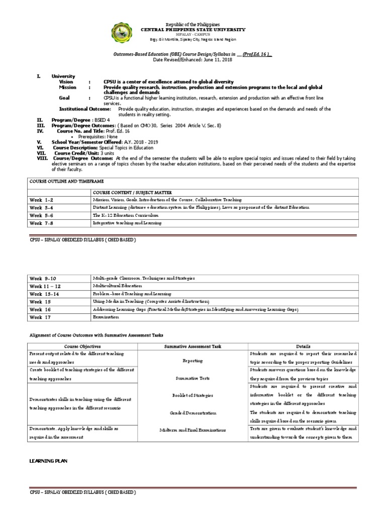 Syllabus in Special Topics | PDF | Educational Assessment | Test ...