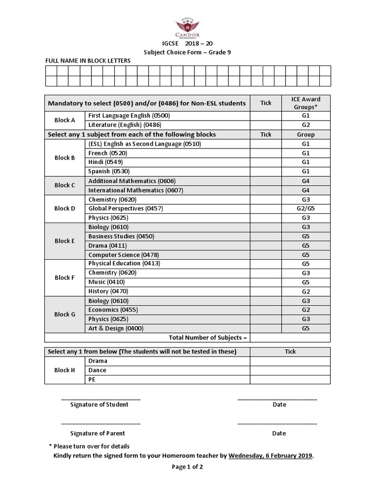 IGCSE 2018 – 20 Subject Choice Form | PDF | Gce Advanced Level (United ...