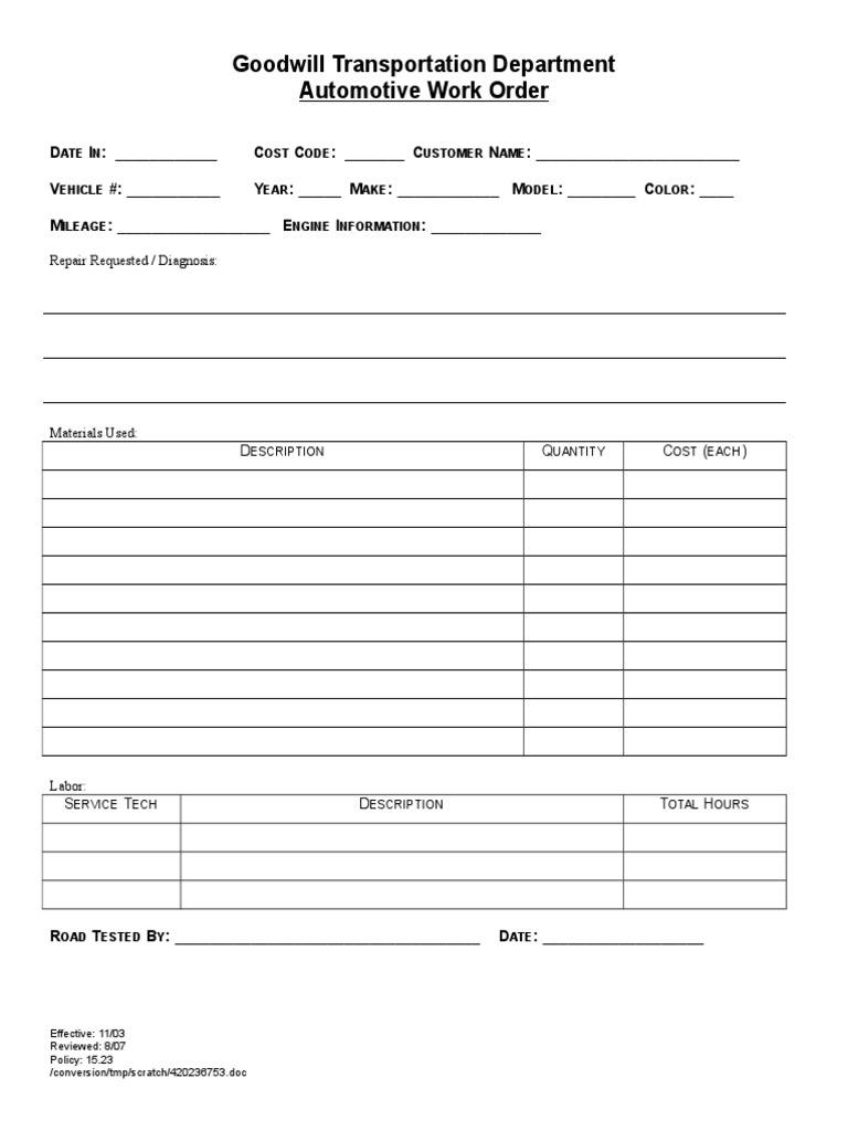 Goodwill Repair Form Template | PDF